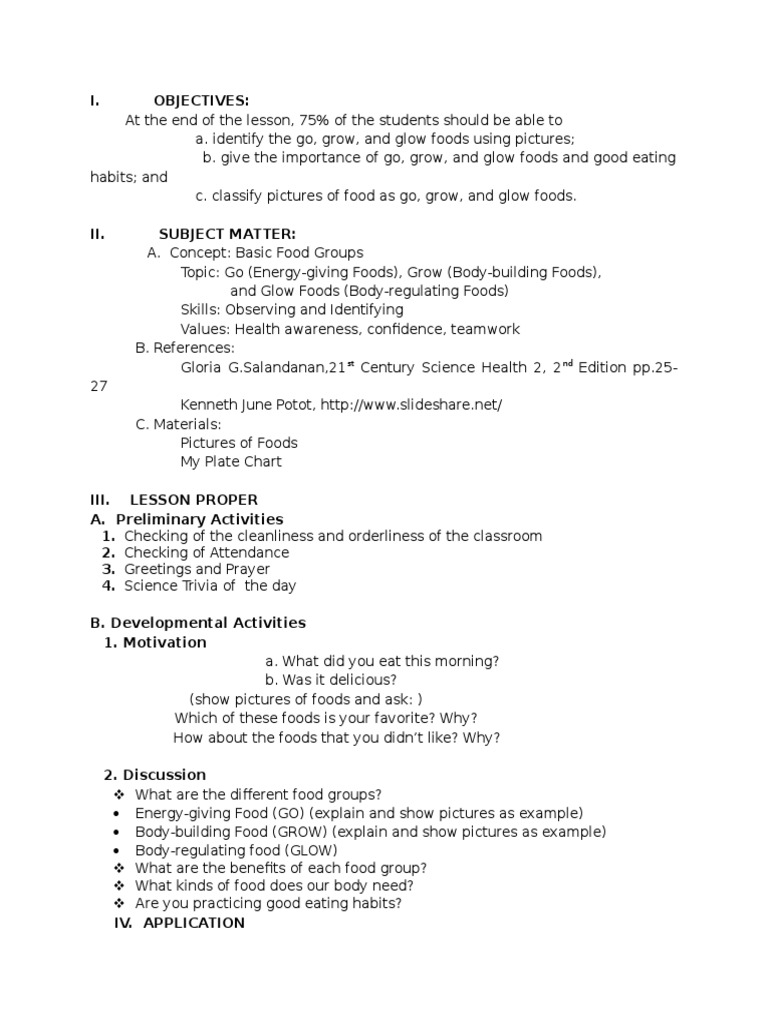 A Lesson Plan in Science GO,GROW & GLOW | Lesson Plan | Foods