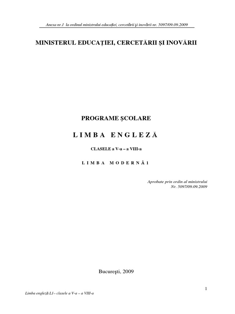 Programa Scolara Limba Engleza 1 - Clasele A V-A - A VIII-a PDF | PDF