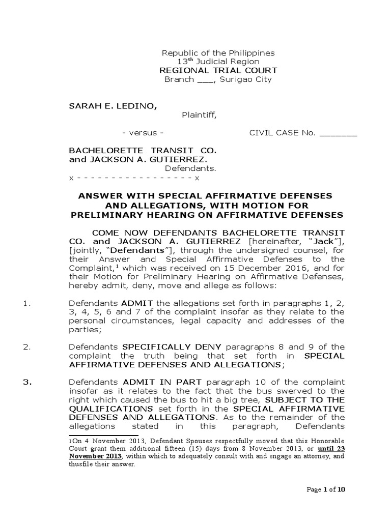 Sample Answer in A Civil Case | PDF | Lawsuit | Complaint