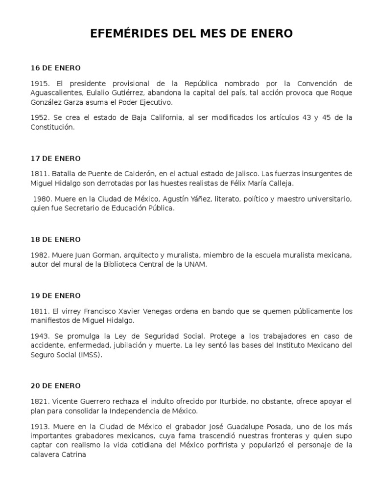 Efemérides Del Mes de Enero | PDF | Ciudad de México | México