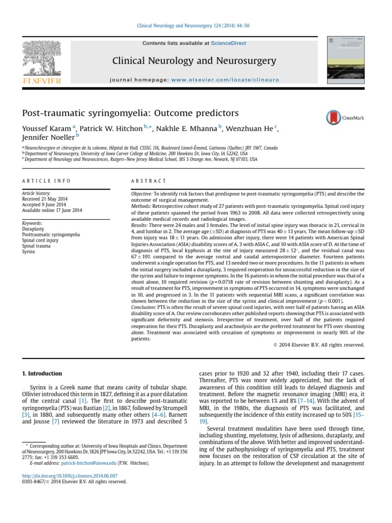 Post Traumatic Syringomyelia | PDF | Clinical Medicine | Neurology