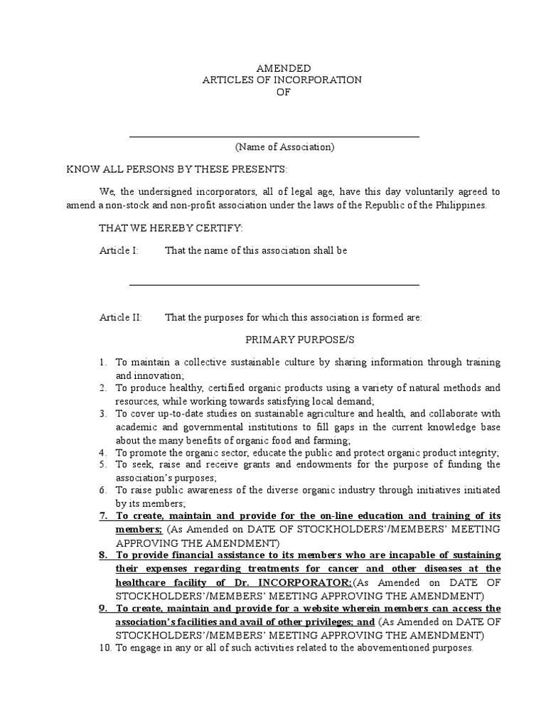 Amended Articles of Incorporation | PDF | Nonprofit Organization ...