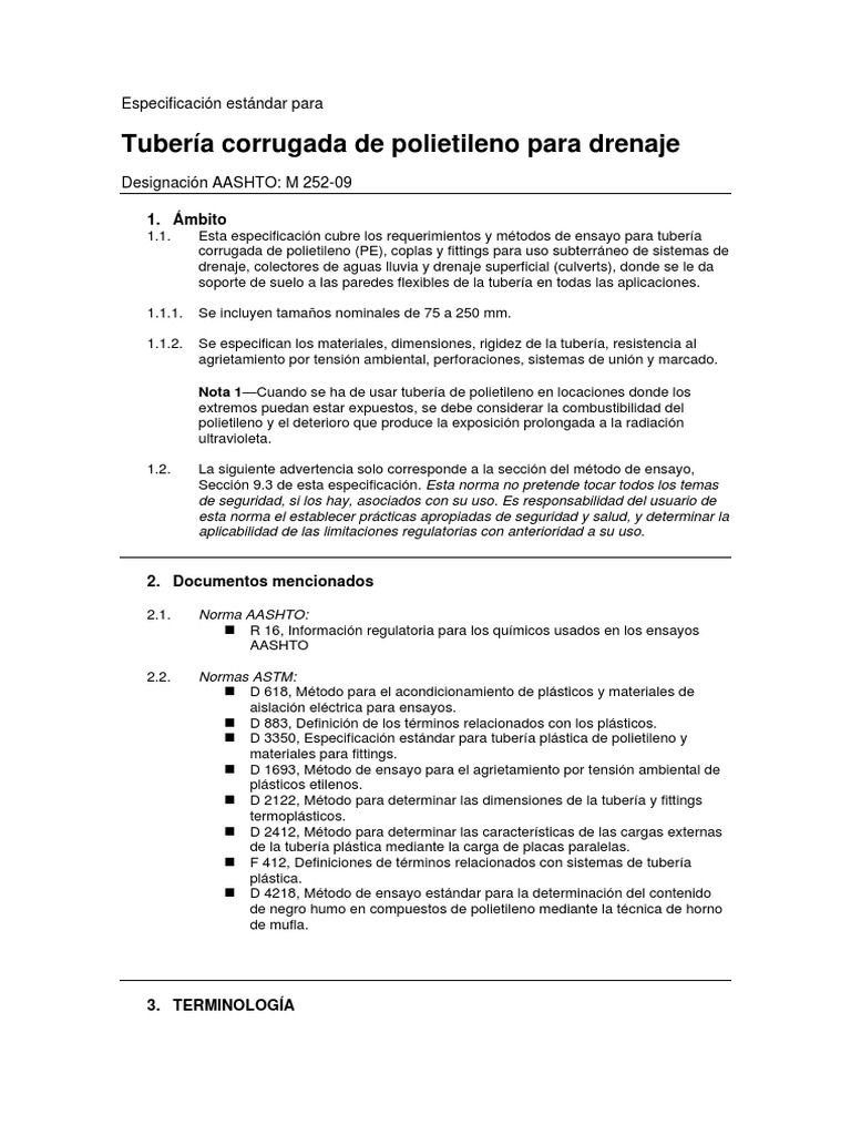 Tubería Corrugada PE para Drenaje AASHTO M252 | PDF | Tolerancia de ...