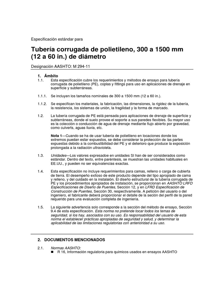 AASHTO M 294-11 ESP Tuberia Corrugada PE 300 A 1500 MM Diametro PDF ...