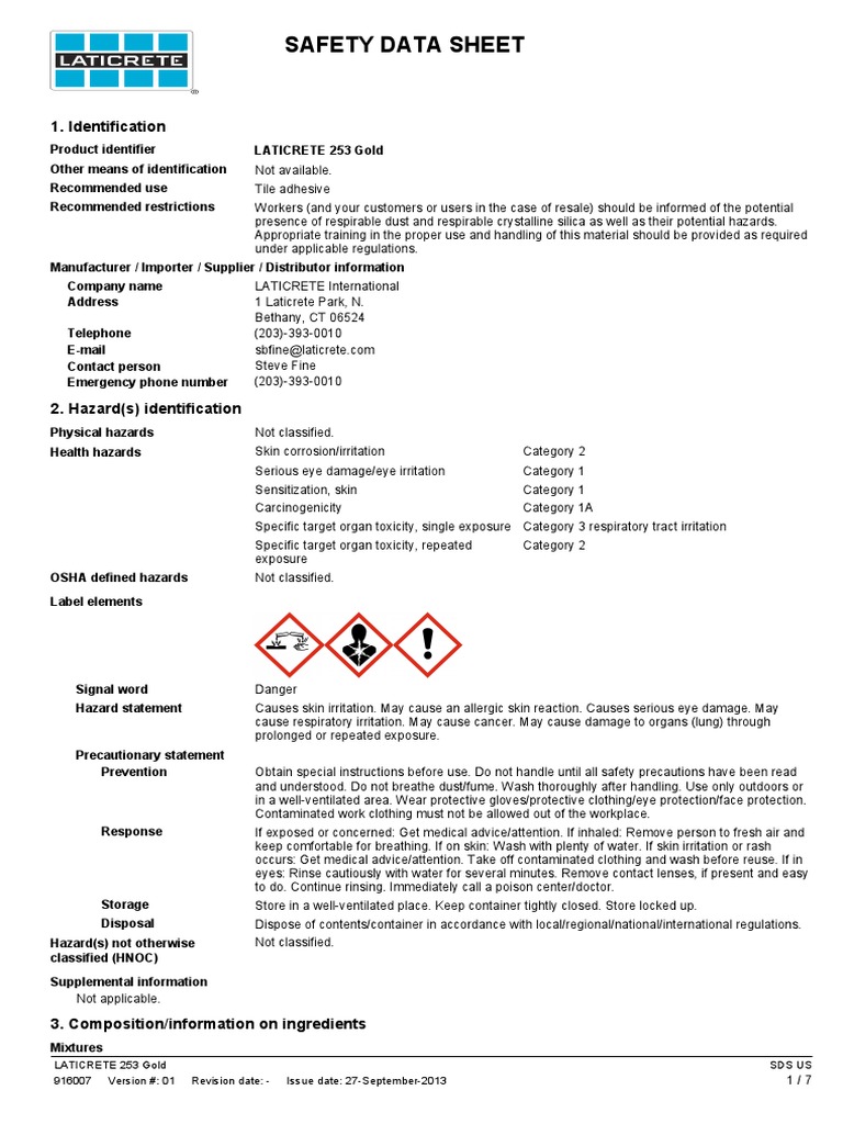 Laticrete 253 Gold Sds Us English | Carcinogen | Personal Protective ...