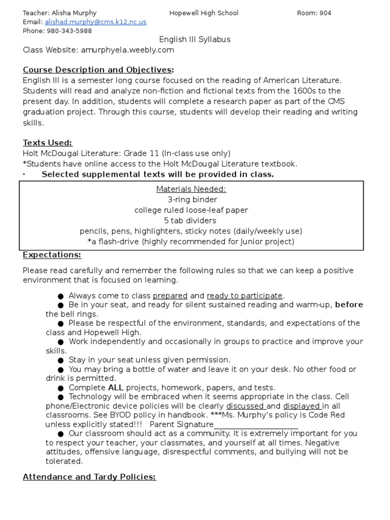 English III Syllabus for Hopewell High | PDF | Educational Assessment ...