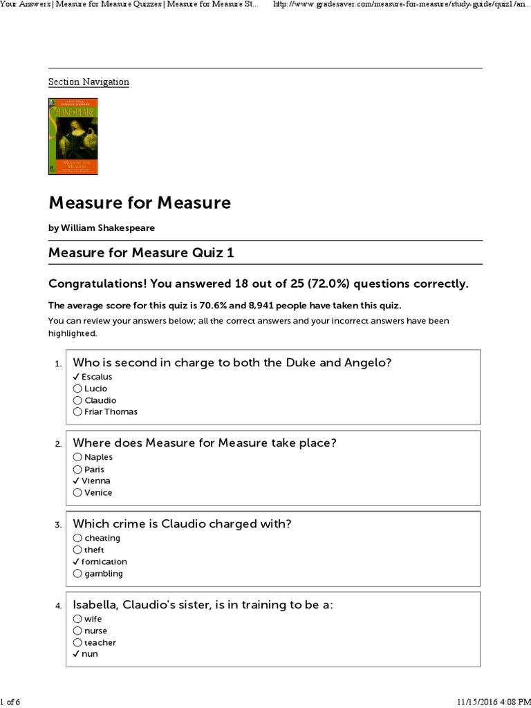 Measure For Measure Quizzes - Measure For Measure Study Guide | PDF