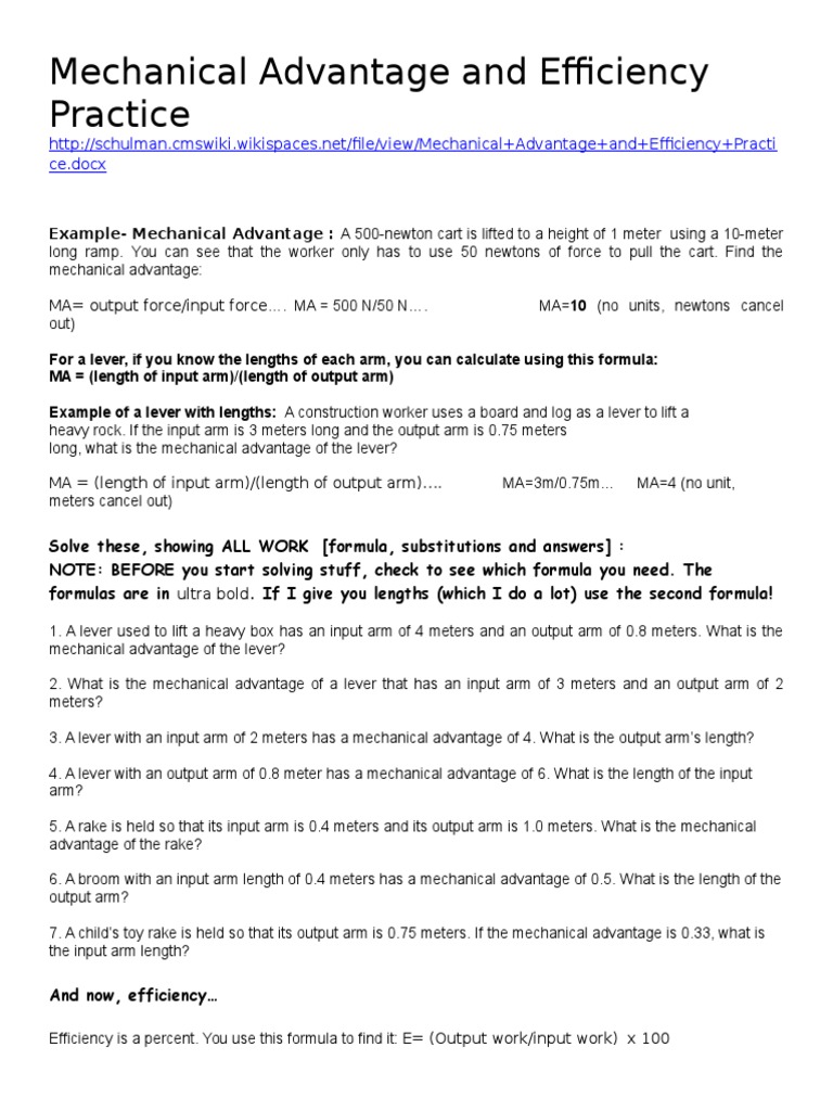 Mechanical Advantage and Efficiency Practice | PDF | Lever | Machines