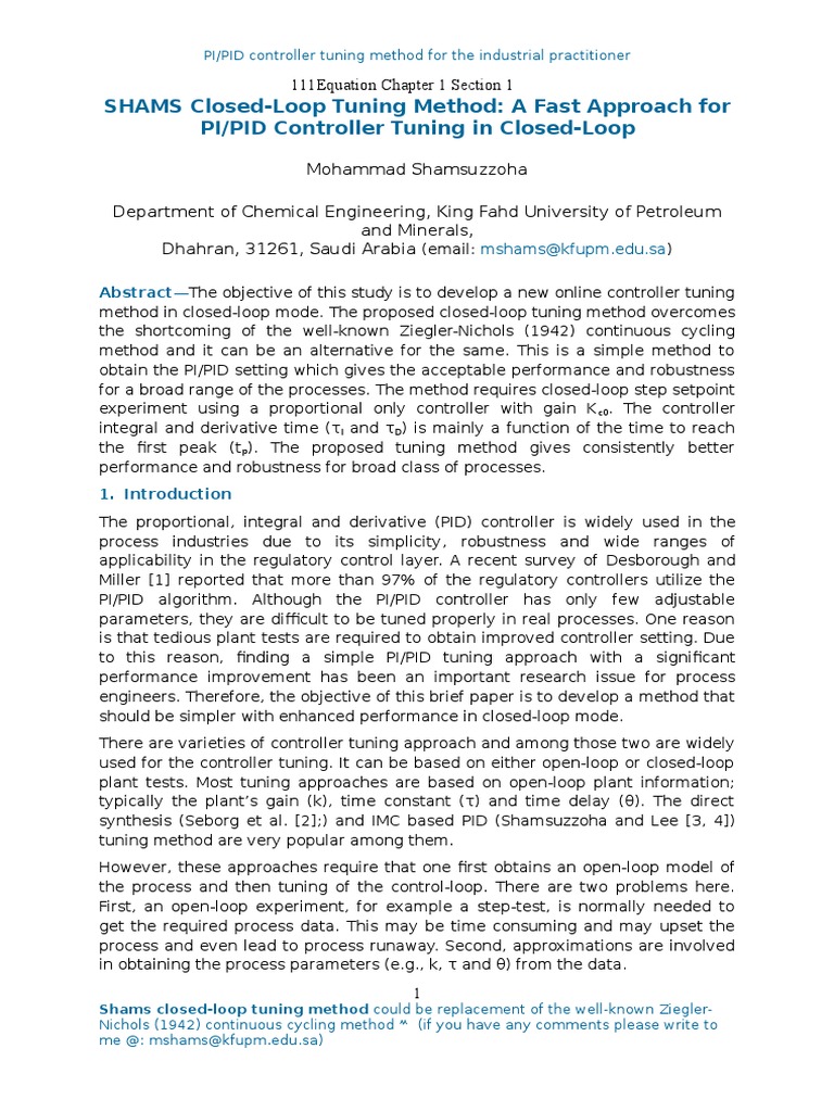 Shams Tuning Method | PDF | Control Theory | Experiment