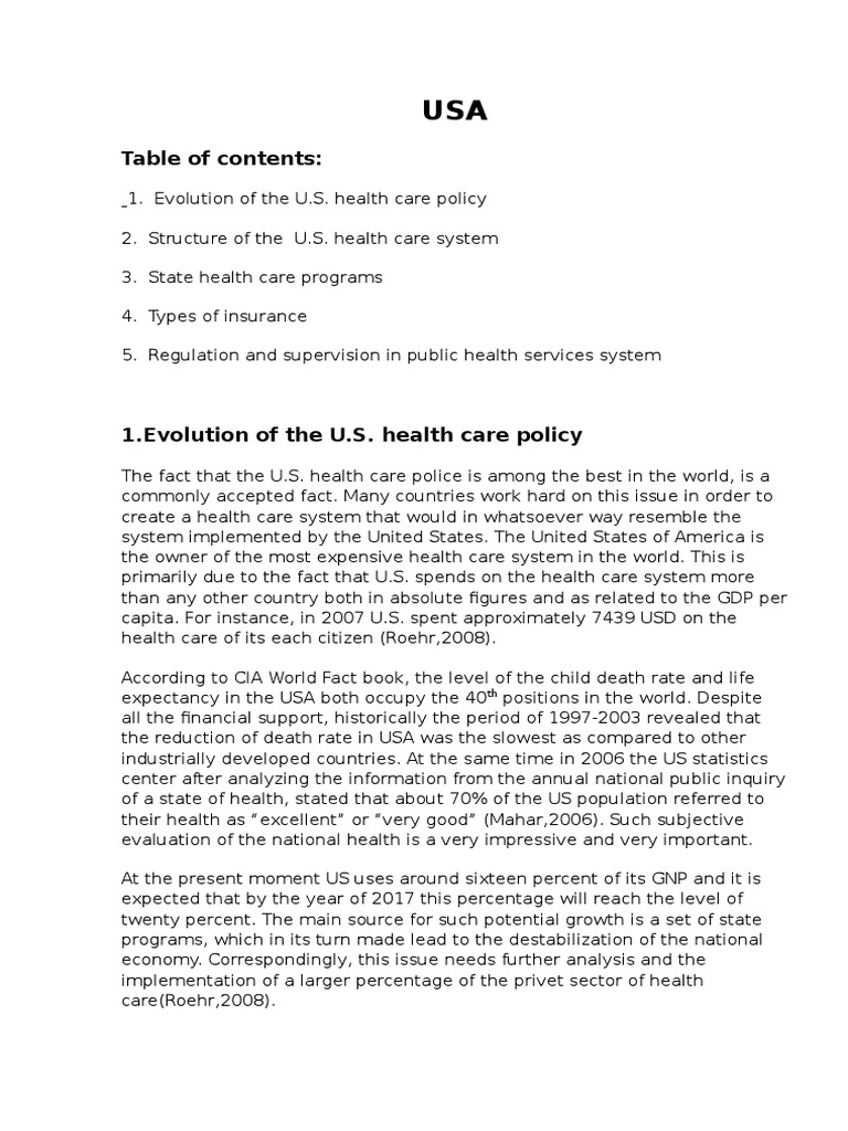 Table of Contents:: 1. Evolution of The U.S. Health Care Policy | PDF ...