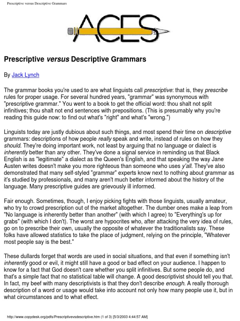Prescriptive Vs Descriptive Grammar English Language