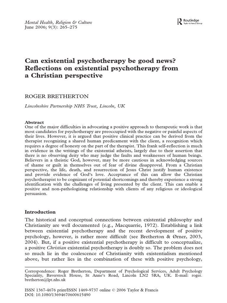 Existential Psychotherapy - Reflections From A Christian Perspective ...
