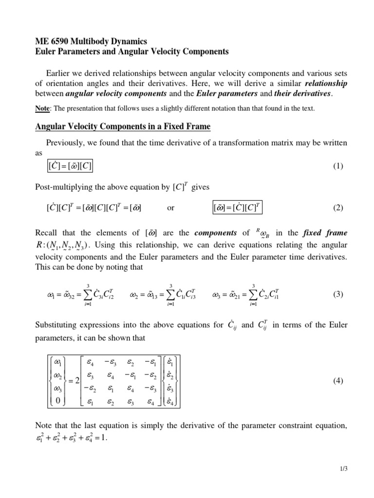 Me 659 Angular Velocity Euler Parameters | PDF | Derivative | Velocity