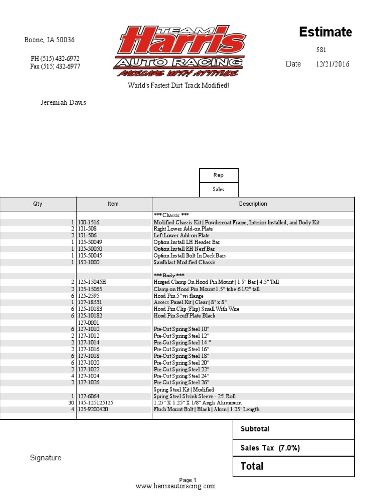 Racecar Purchase Invoice Example | Brake | Steering