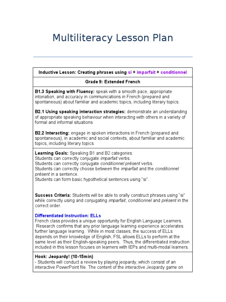 Multiliteracy Lesson Plan: Si Clauses | PDF | Differentiated ...
