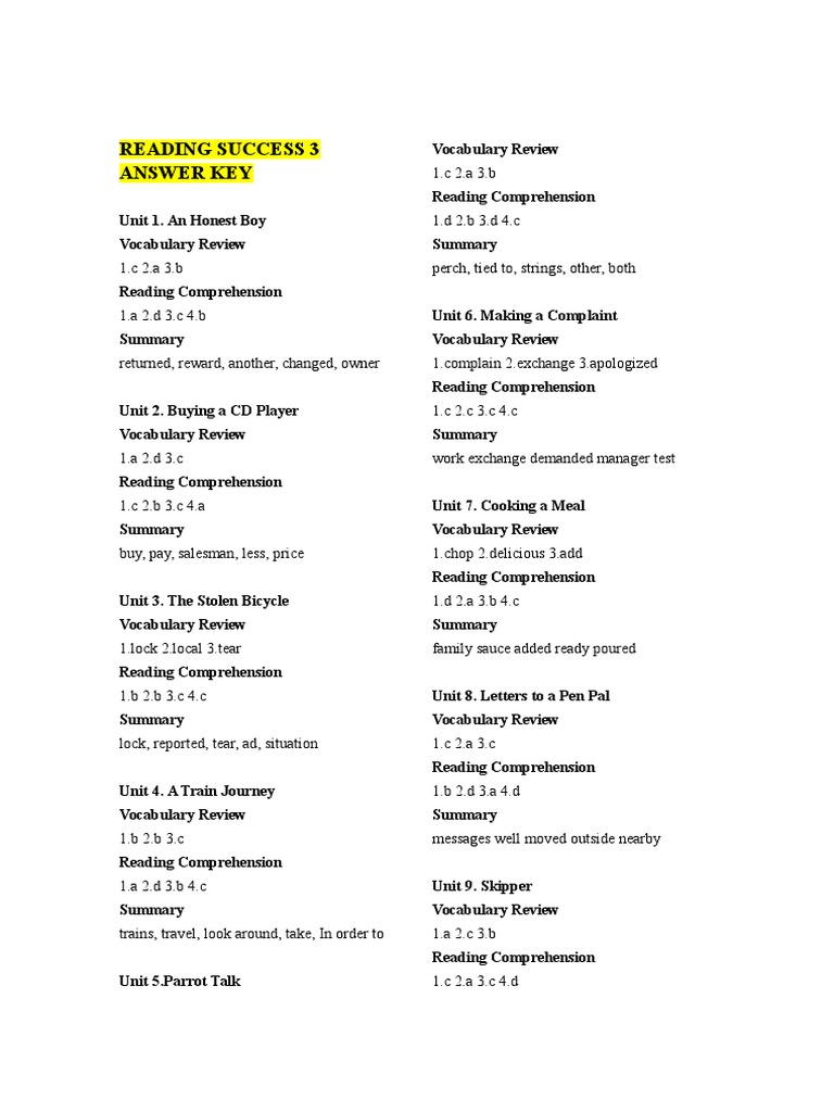 Reading Success 3 Answer Key | PDF | Reading Comprehension