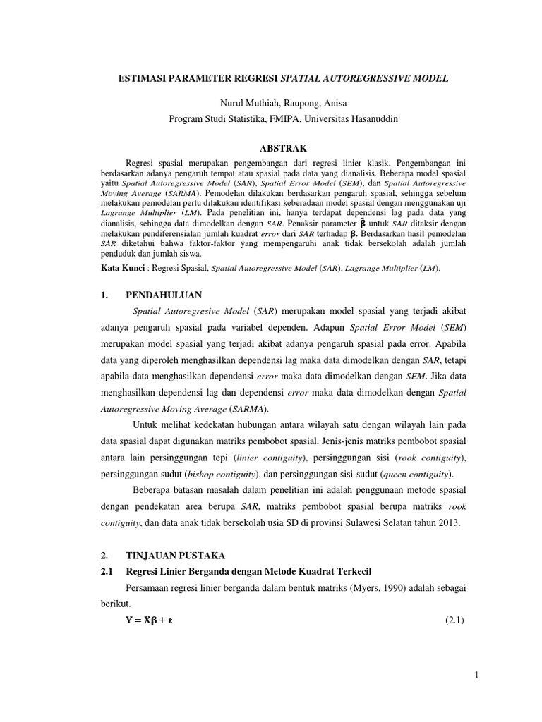 Estimasi Parameter Regresi Spatial Autoregressive Model PDF | PDF