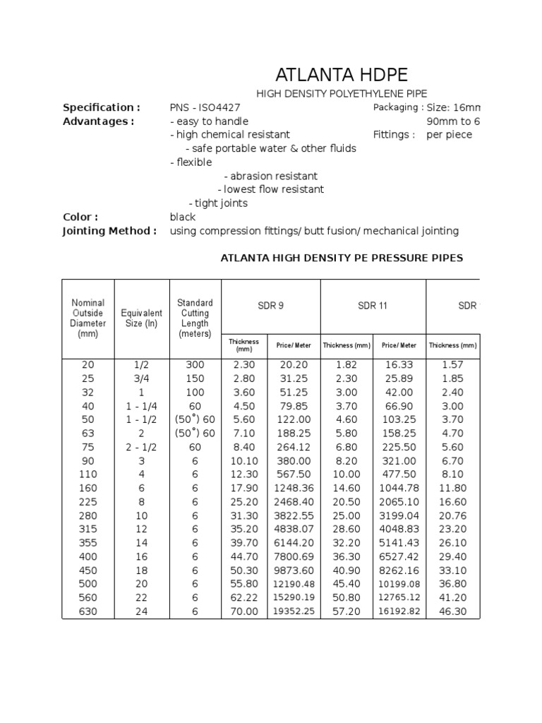 Atlanta Hdpe: Specification: Advantages | PDF | Polyethylene | Pipe ...
