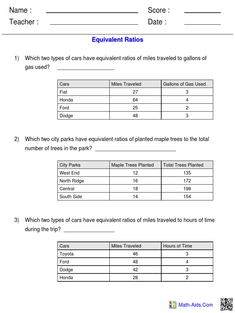 Ratios Equivalent Tables