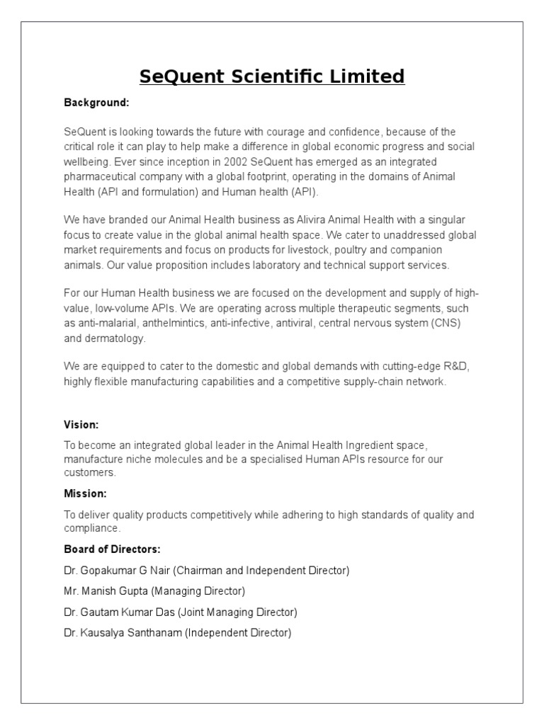 SeQuent Scientific Company Overview | PDF | Finance & Money Management
