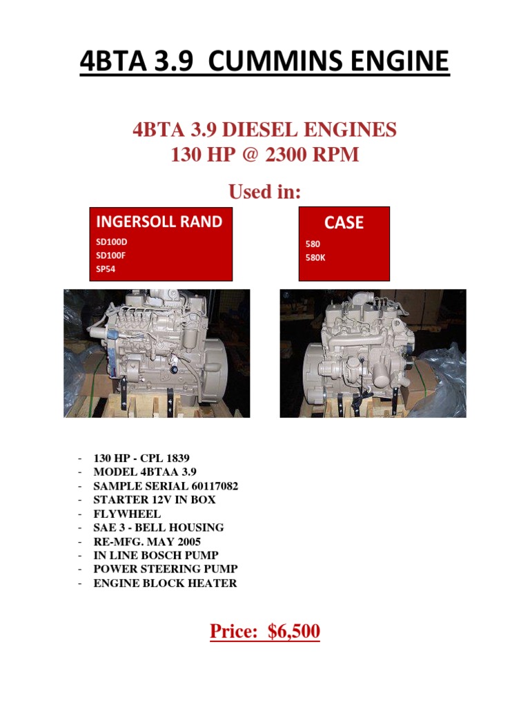 4bta 3.9 Cummins Engine: 4bta 3.9 Diesel Engines 130 HP at 2300 RPM ...