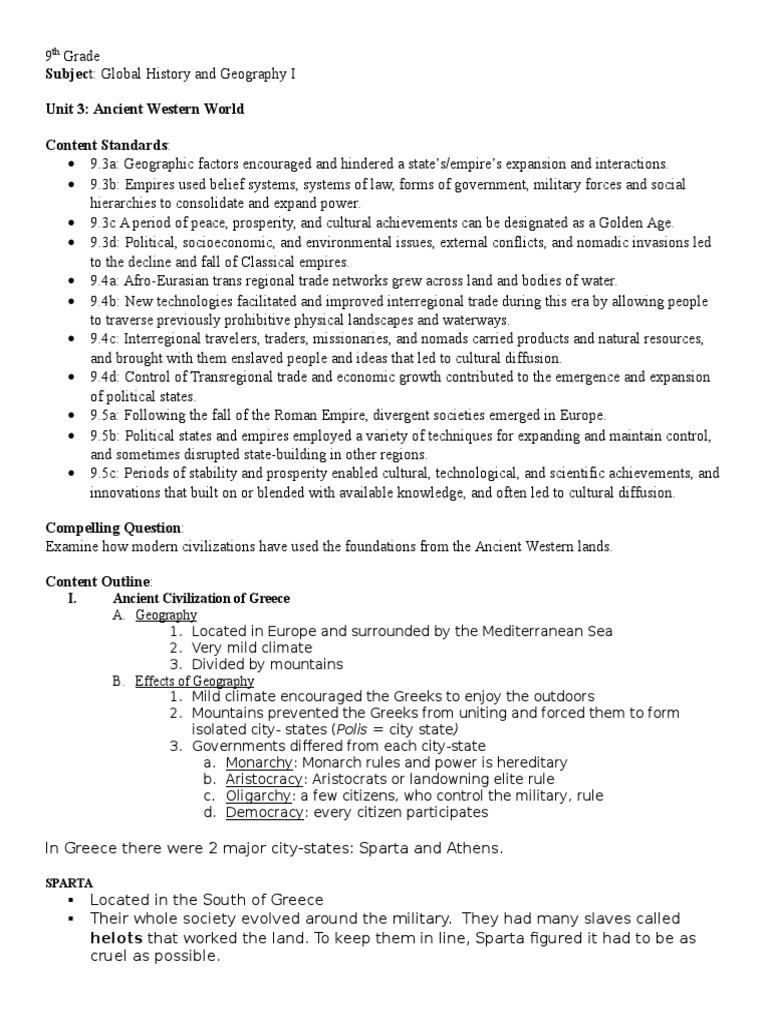 Subject: Global History and Geography I Unit 3: Ancient Western World ...