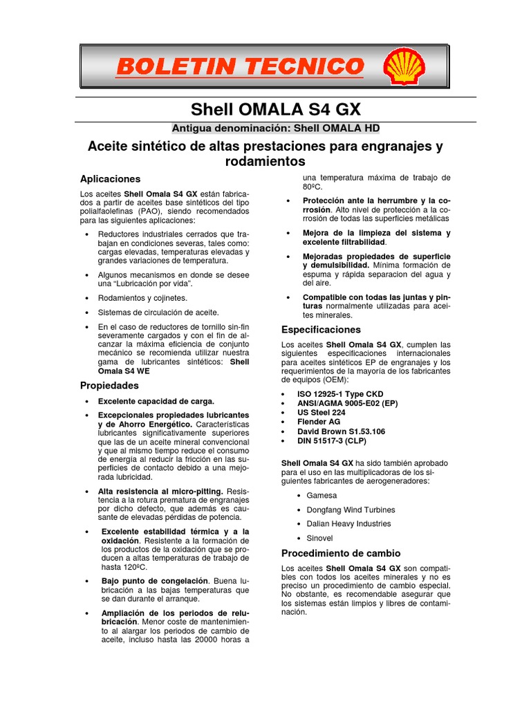 Aceite Shell Omala S4 GX para Engranajes | PDF | Lubricante | Engranaje