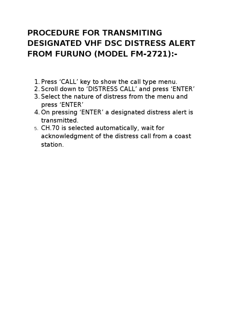 Procedure For Transmiting Designated VHF DSC Distress Alert From Furuno ...