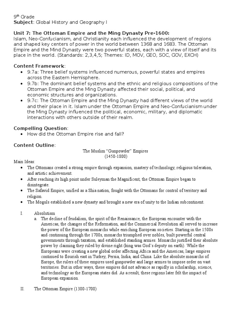 Subject: Global History and Geography I Unit 7: The Ottoman Empire and ...