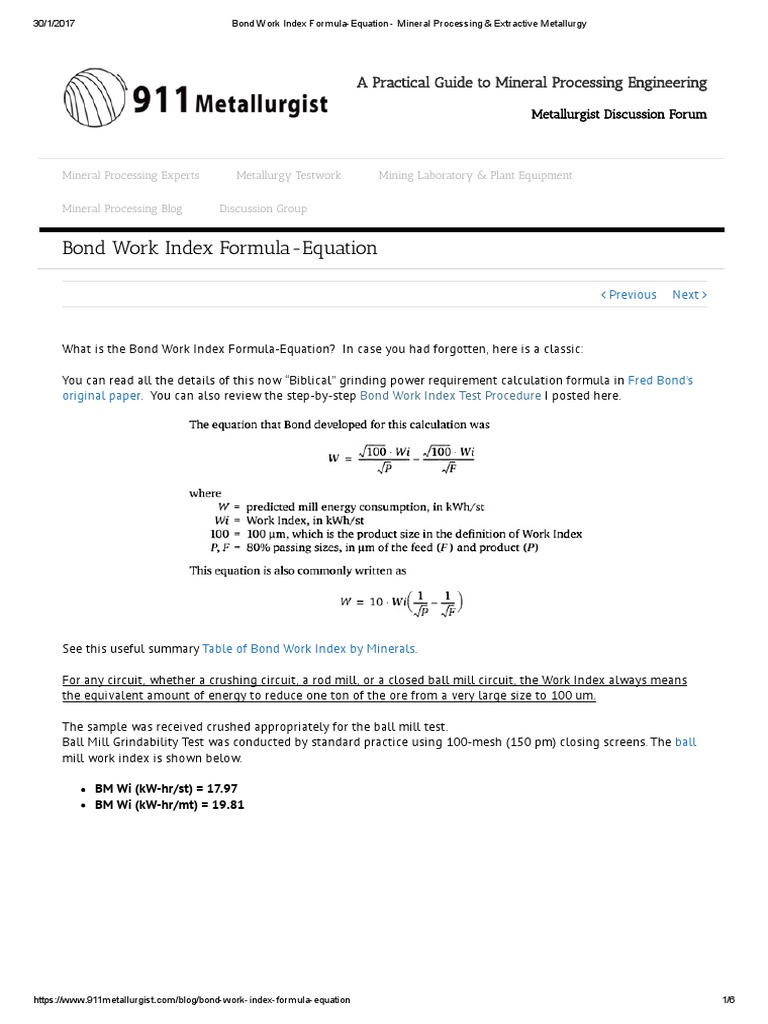 Bond Work Index Formula-Equation - Mineral Processing & Extractive ...