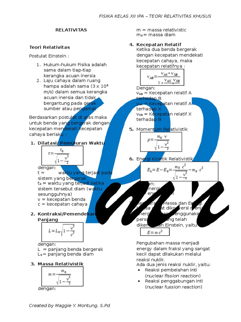 Physics - 2nd Semester Kelas XII - Teori Relativitas Khusus (Ringkasan) | PDF
