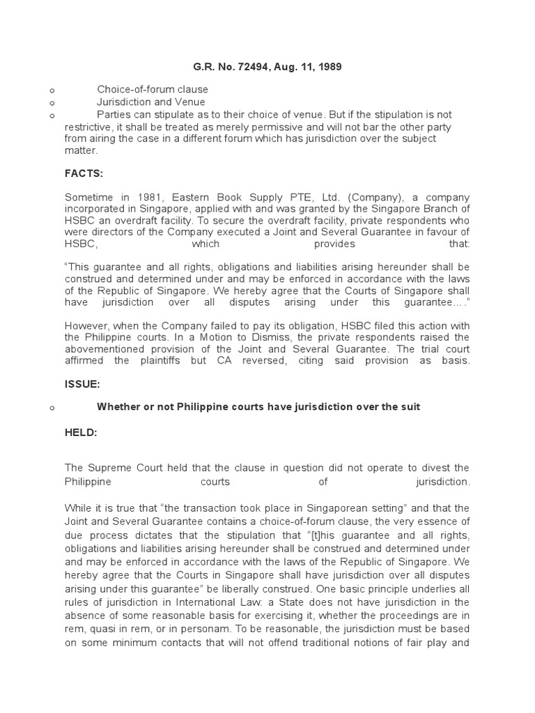 Philippine Courts Have Jurisdiction Over Debt Collection Case Despite ...