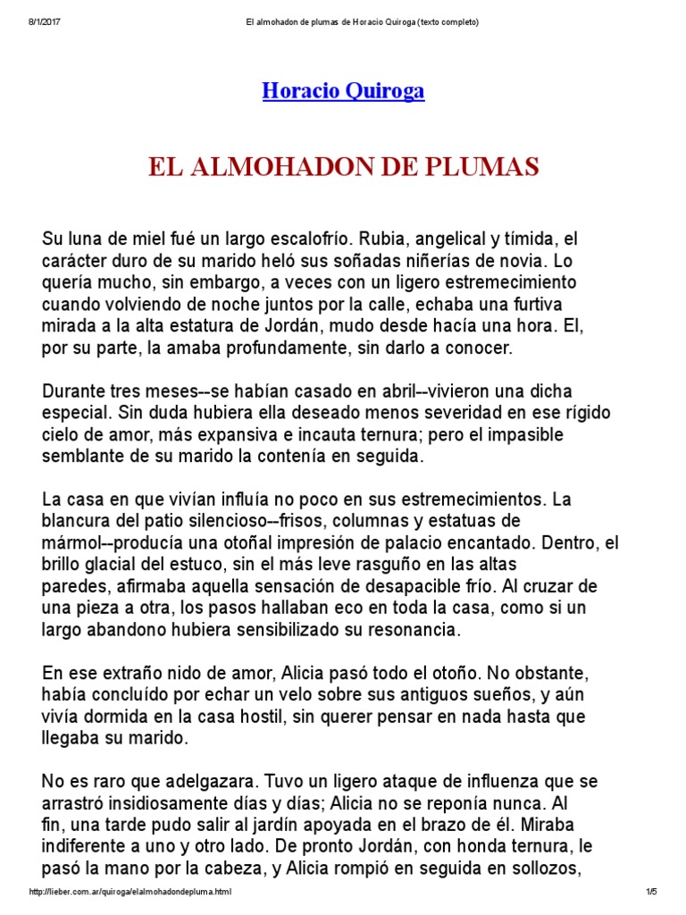 El Almohadon de Plumas de Horacio Quiroga (Texto Completo) | PDF | Naturaleza