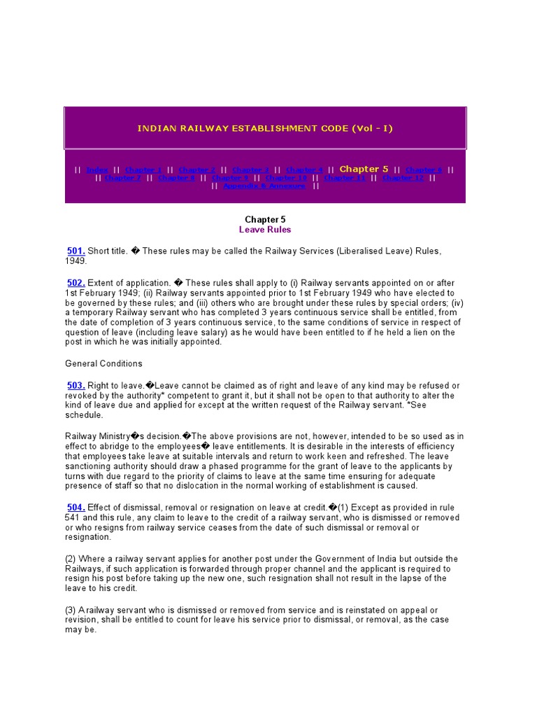 Indian Railway Establishment Code (Vol - I) : Leave Rules | Download ...