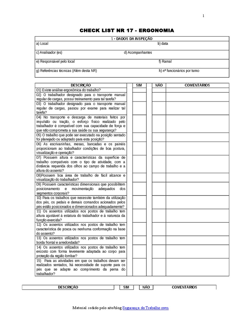 Check List NR 17 Segurança Do Trabalho NWN | PDF