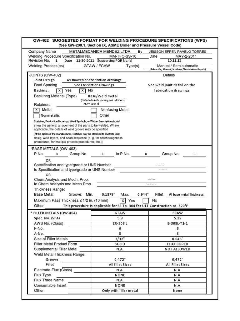 Qw-482 Suggested Format For Welding Procedure Specifications (WPS) | PDF | Metalworking | Materials