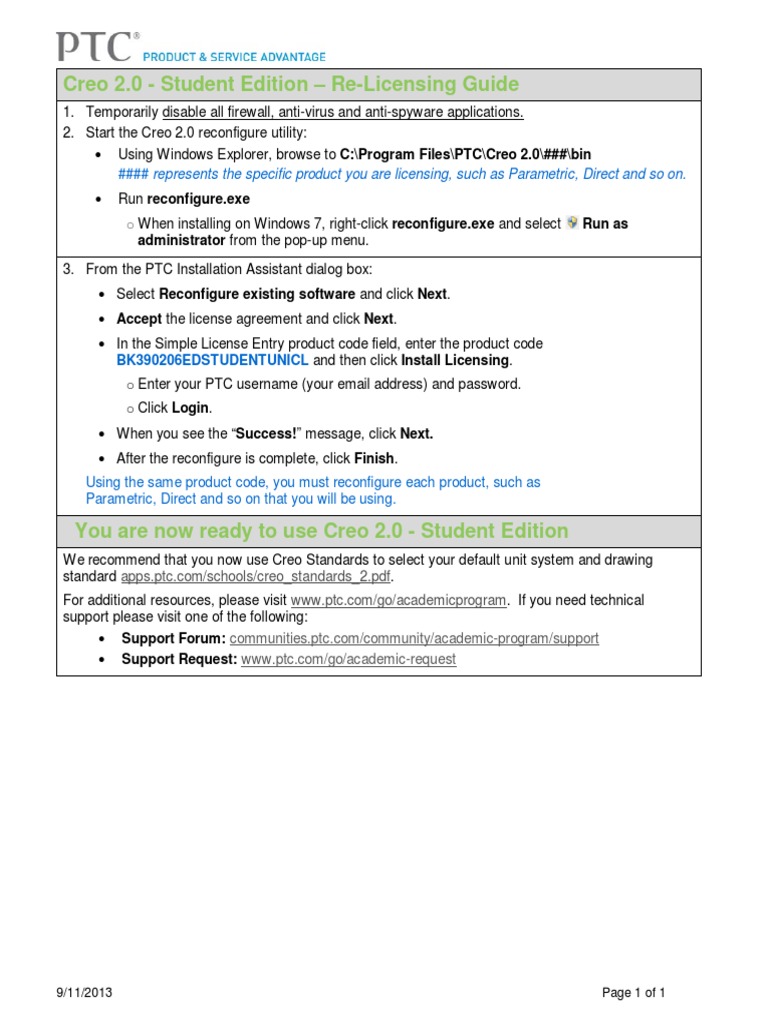 Creo 2.0 - Student Edition - Re-Licensing Guide | PDF