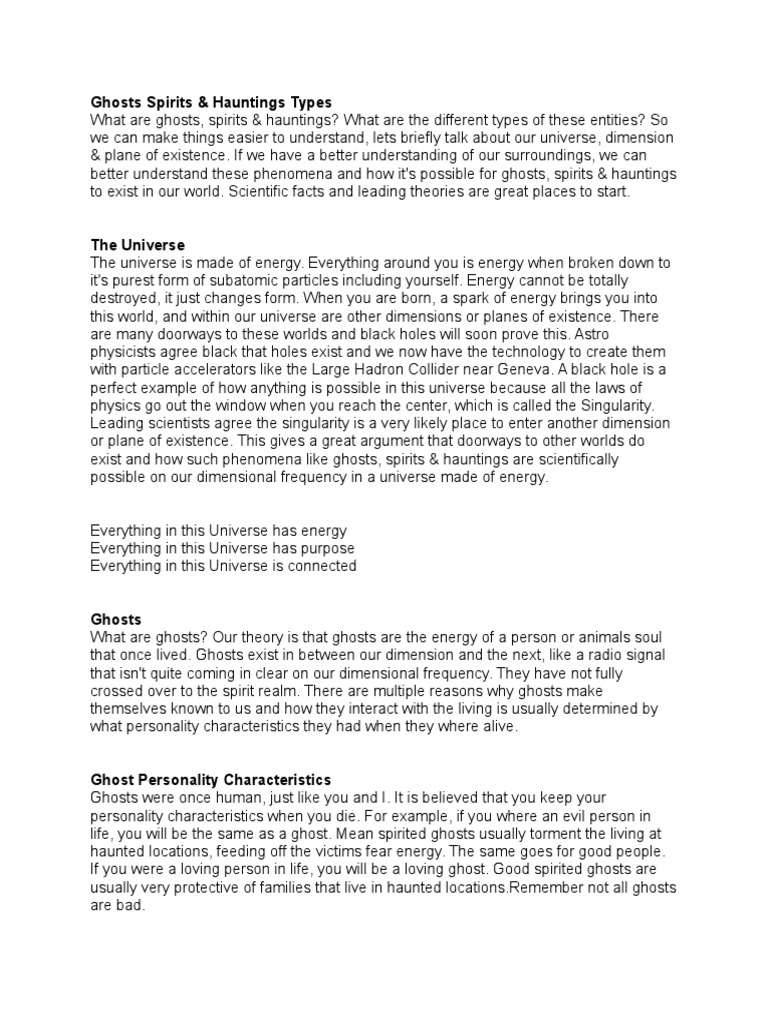 Ghosts Spirits & Hauntings Types | PDF | Ghosts | Universe