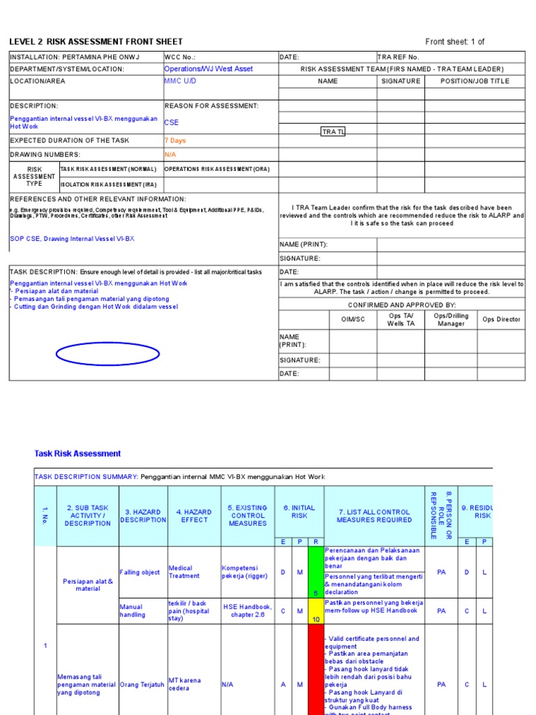 Level 2 Risk Assessment Front Sheet: Operations/WJ West Asset | PDF ...