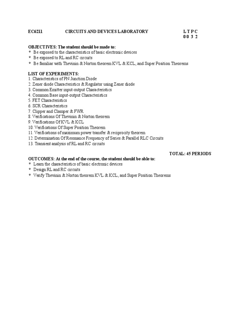 Ec6211 Circuits and Devices Laboratory LTPC 0 0 3 2 OBJECTIVES: The Student Should Be Made To | PDF