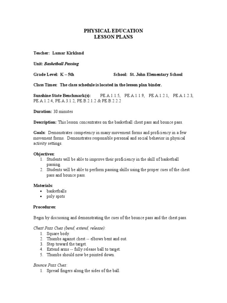 Physical Education Lesson Plans: Chest Pass Cues (Bend, Extend, Release ...