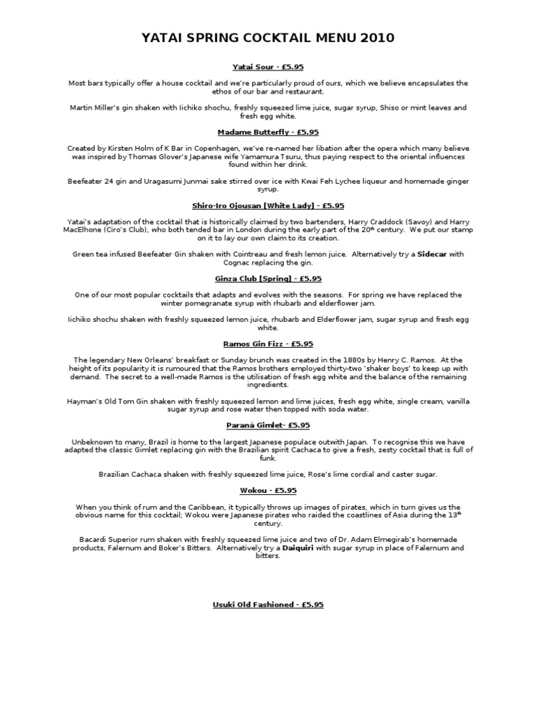 Yatai Spring Cocktail Menu 2010 | PDF | Cocktails | Drink