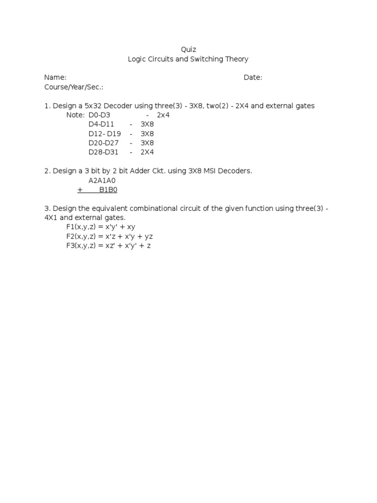 Quiz 1 Midterm Logic Circuits and Switching Theory | PDF Quiz 1 Midterm Logic Circuits and Switching Theory | PDF