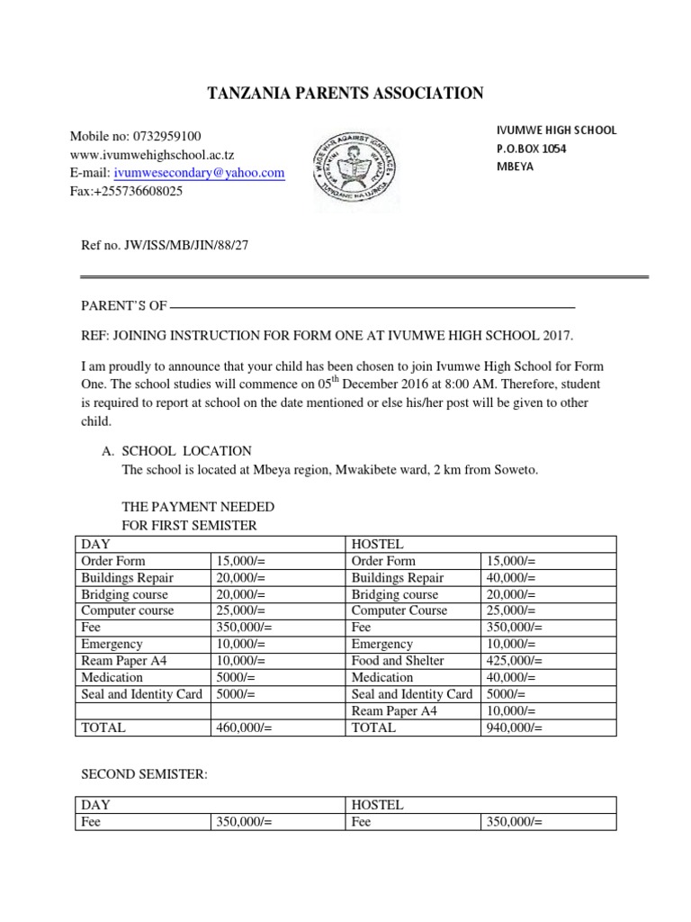 Joining Instruction Form One | PDF | Clothing | Business