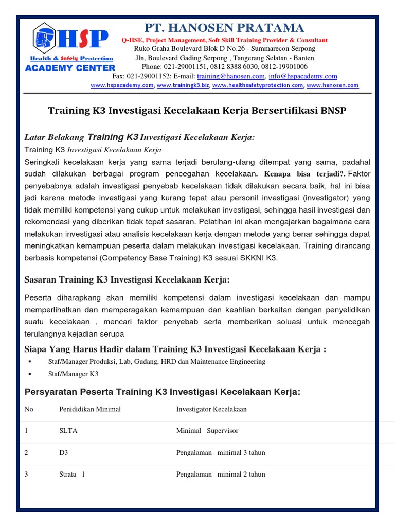 Silabus Investigasi Kecelakaan Kerja Sertifikat BNSP | PDF