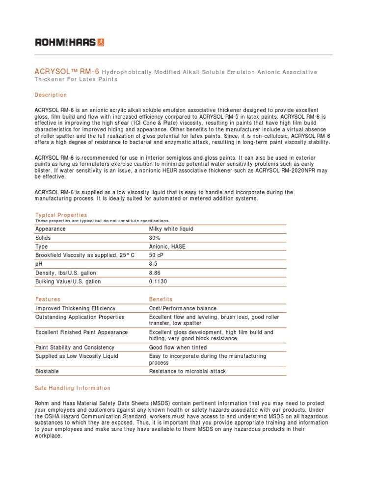Acrysol RM 6 | PDF | Paint | Chemistry