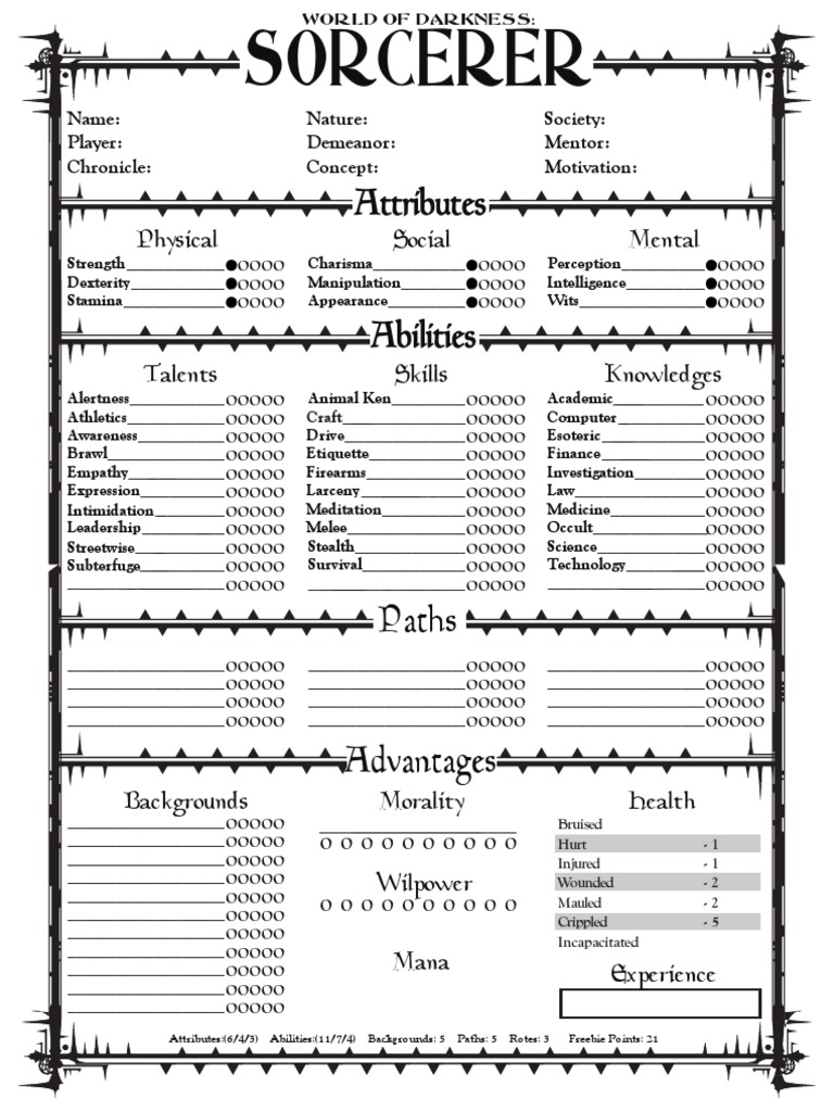 WoD Sorcerer2-Page Editable | PDF