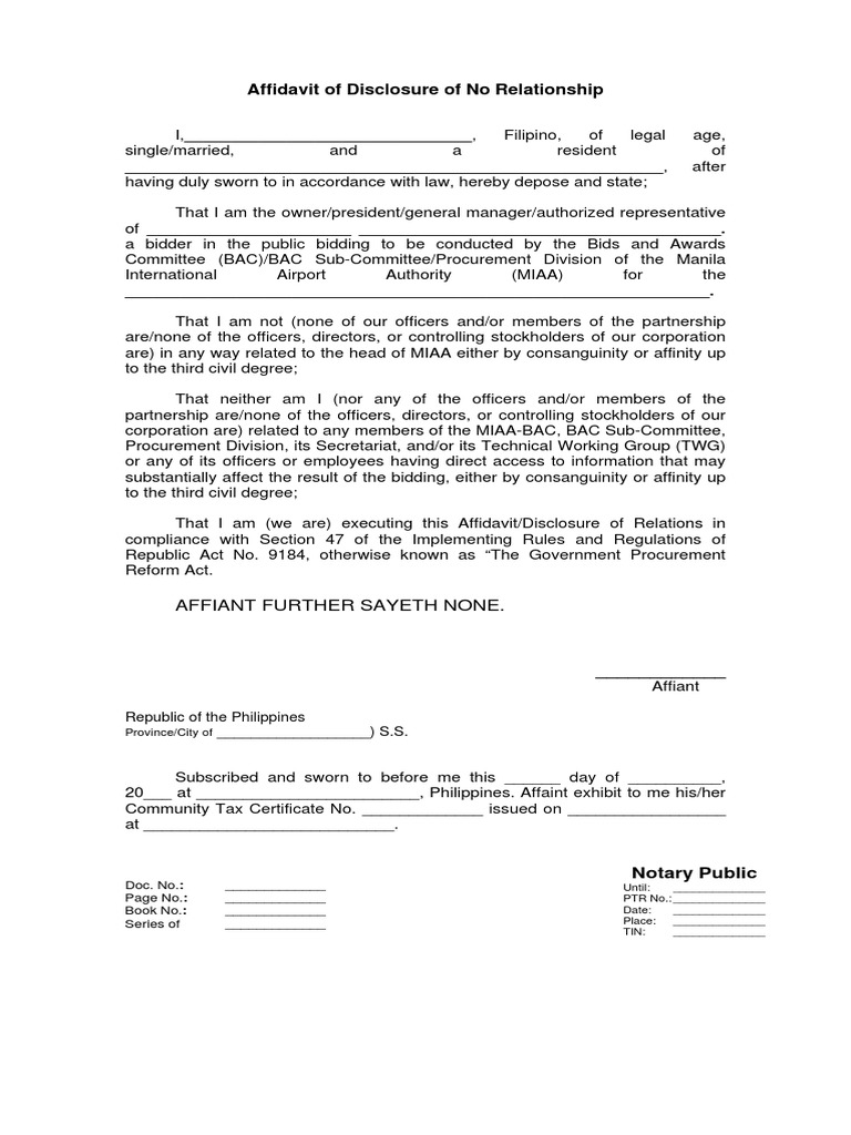 Affidavit of Disclosure of No Relationship | PDF | Affidavit | Public ...
