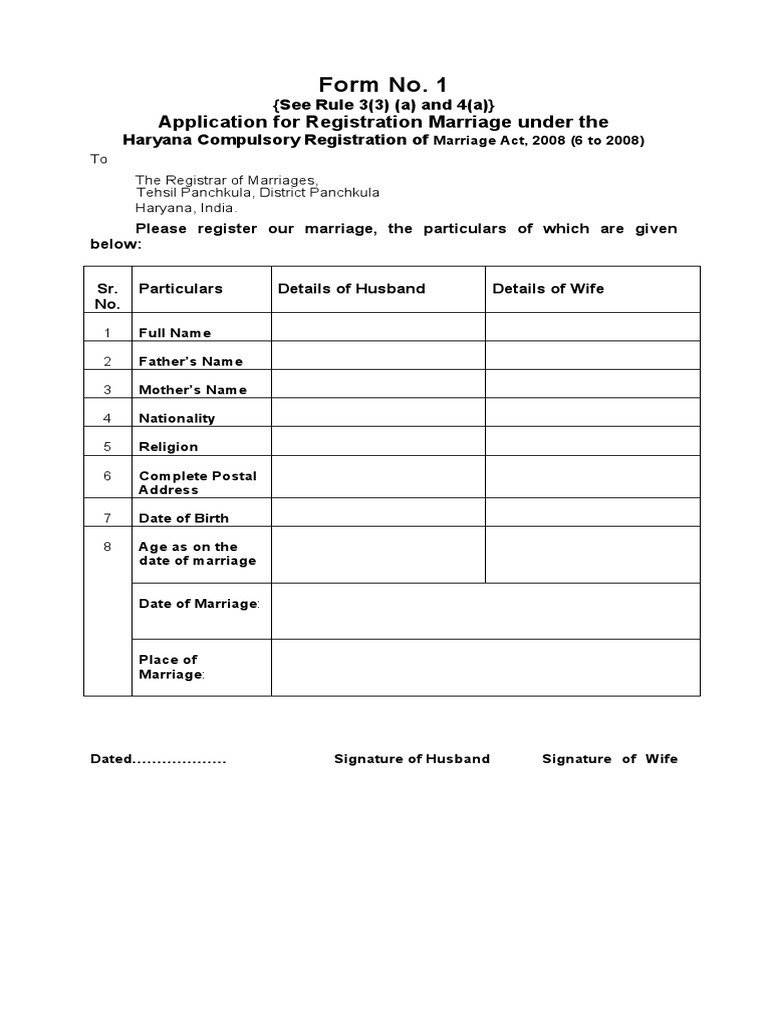 Form No. 1: Application For Registration Marriage Under The | PDF
