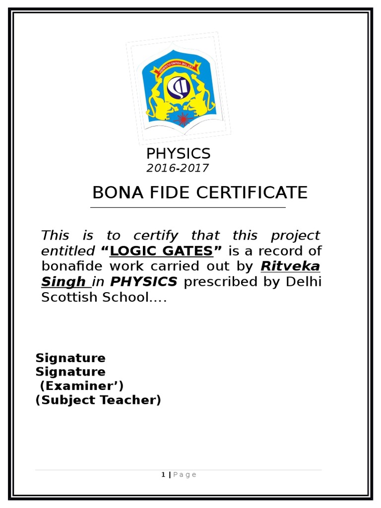 Bona Fide Certificate: Physics | PDF